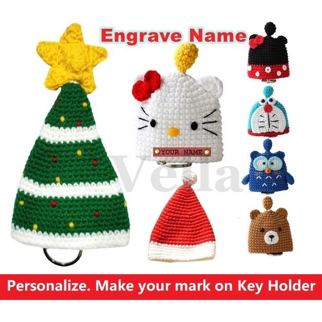 VELLA Cute Crochet Keychain Engraved Gift Name Handmade Knitted Key ...