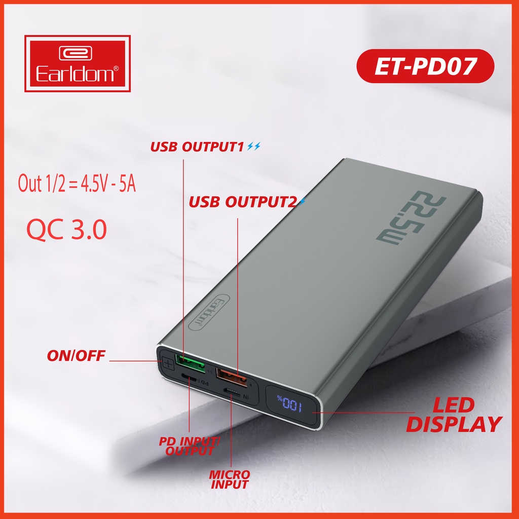 EARLDOM ET-PD07 10000MAH PD 22.5W LED DIGITAL DISPLAY POWER BANK - GREY ...