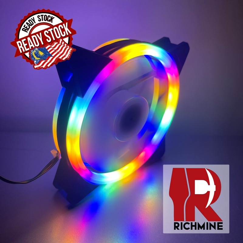 {ReadyStock} Double LED FAN 12CM Rainbow GAMING Cooling Quiet PC Casing ...