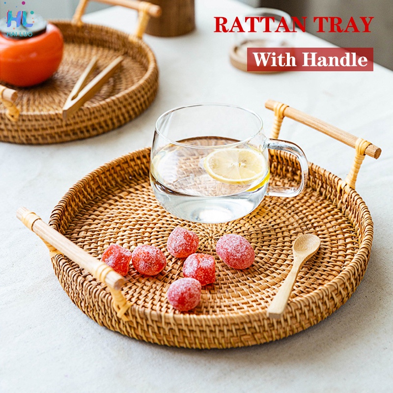 Rotan dulang Wicker bakul dengan pemegang roti makanan buah sarapan ...