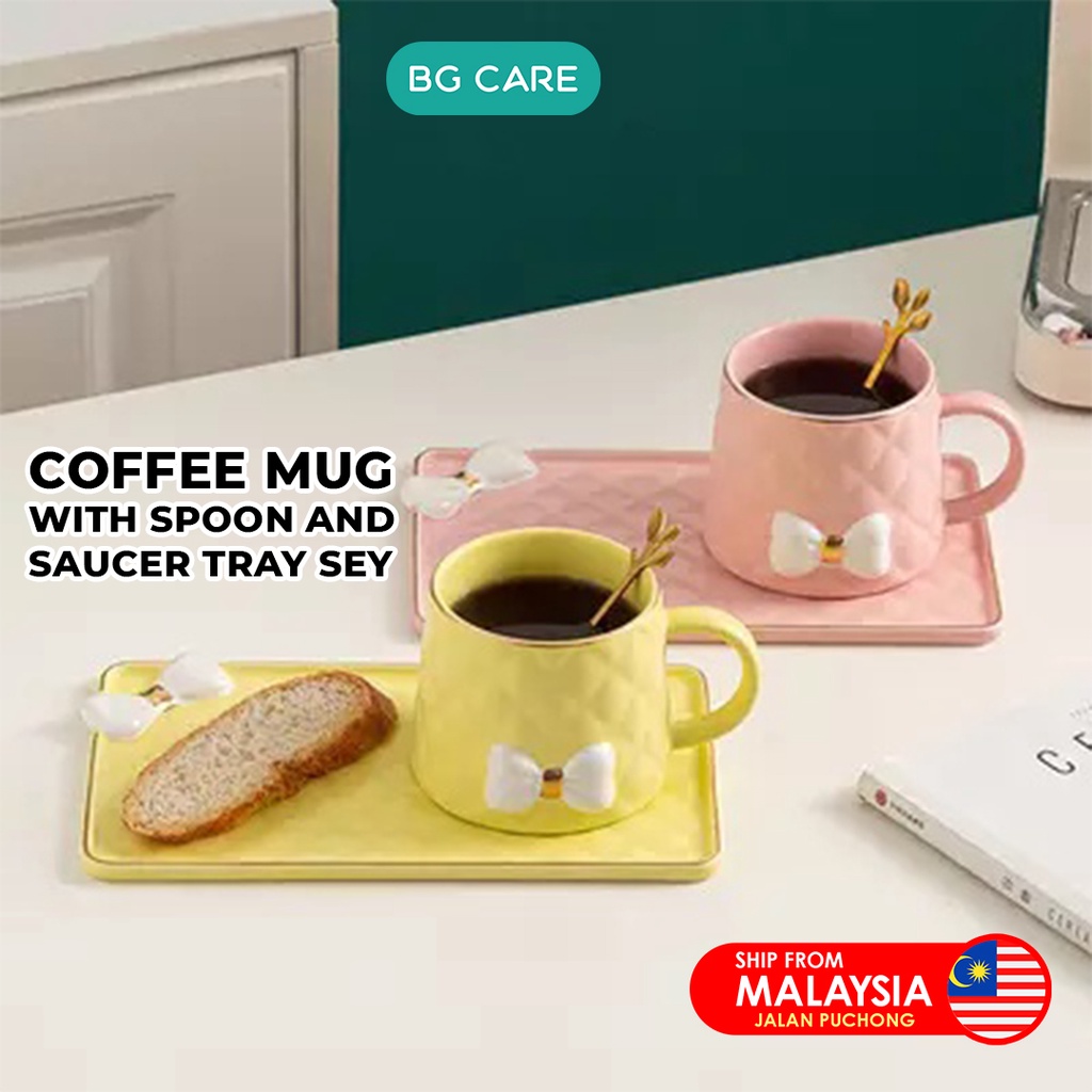 Cute Bow Tie Coffee Mug with Spoon and Saucer Tray Ceramic Set Tumbler ...