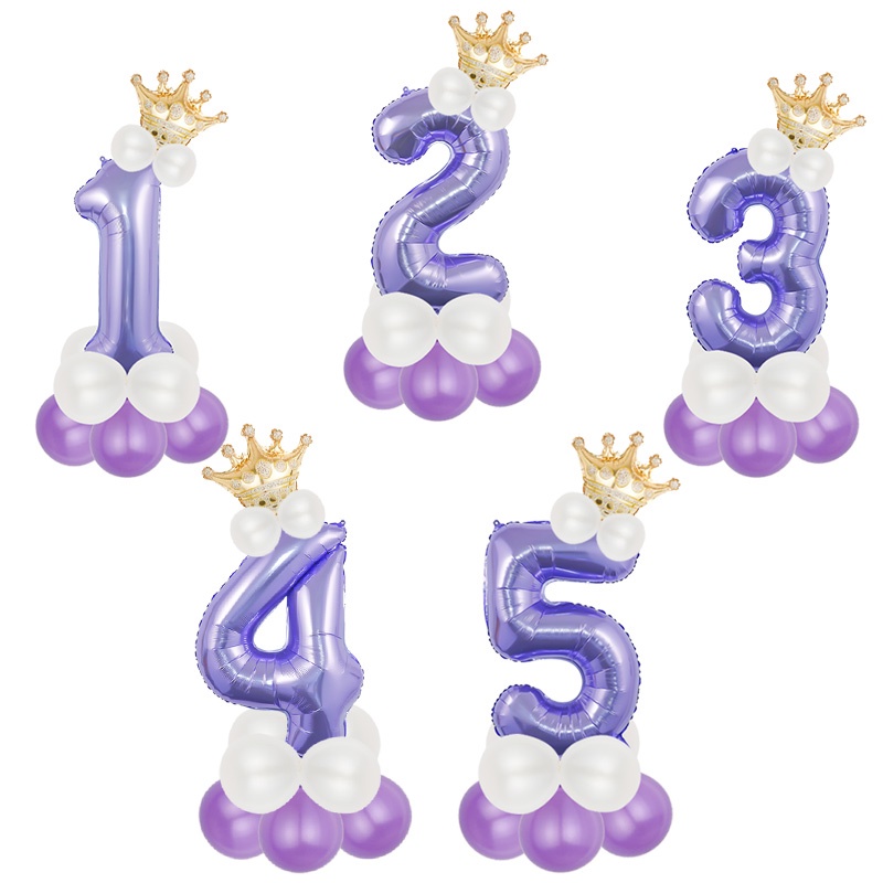 15 Pcs 32 Inch Purple Number Foil Balloons Mini Crown Latex Balloons ...