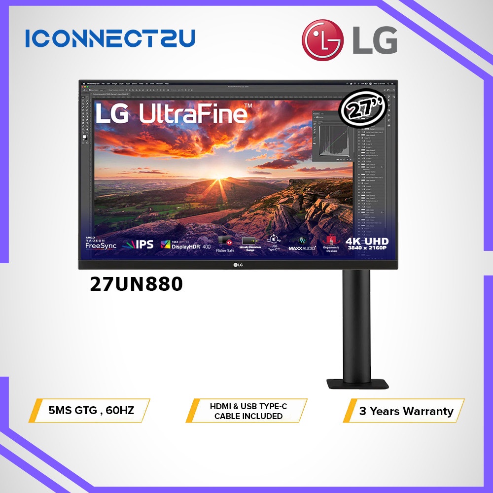 LG 27" 27UN880 UHD 4K IPS HDR 60Hz AMD FreeSync Type C Ultrafine ...