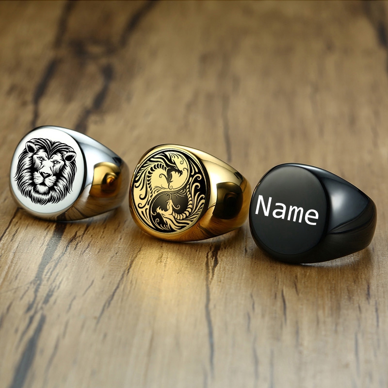 Free engraving，Personalize Round Top Signet Ring for Men Glossy Heavy ...