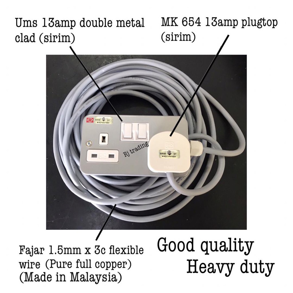 READY STOCK(0.5m- 20m) HEAVY DUTY Extensions Fajar 1.5mm wire UMS 13amp ...