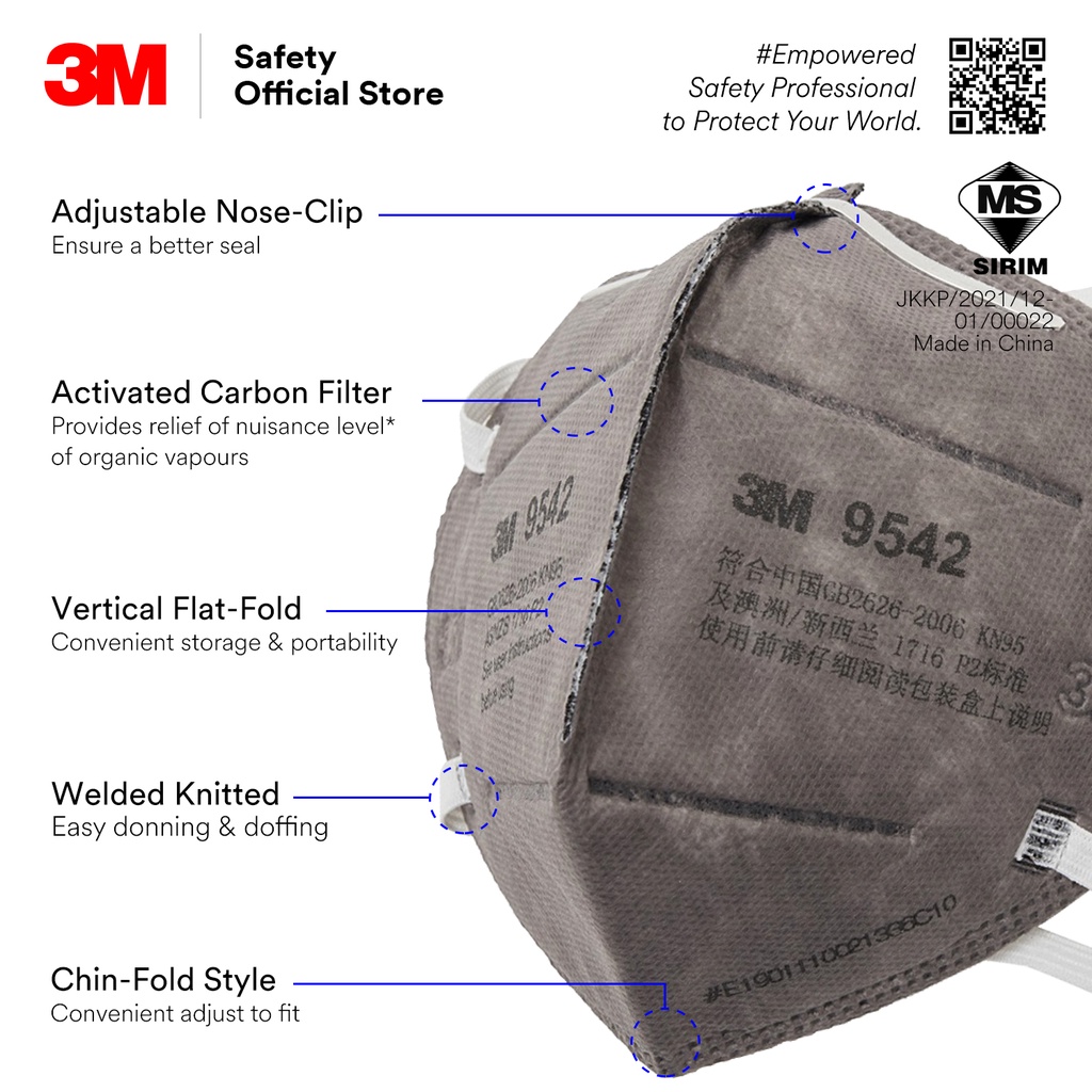 3M™ 9542 KN95/P2 Particulate/ Haze/ Dust/ Mist Disposable Respirator/ Organic Vapor/ Smell ...