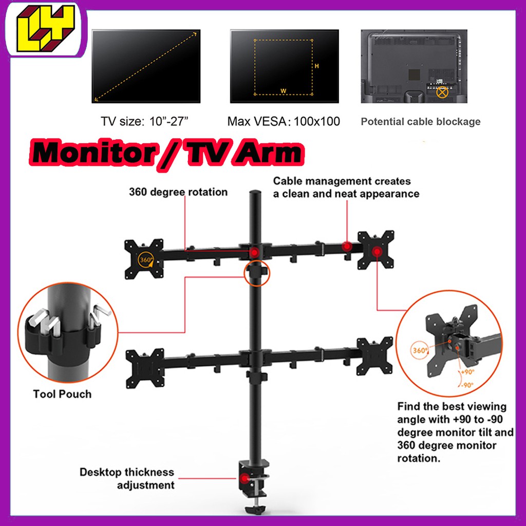 Quadruple Monitor Mount / 4 Monitor Stand / 4 Arm LED Stand / LCD Arm ...