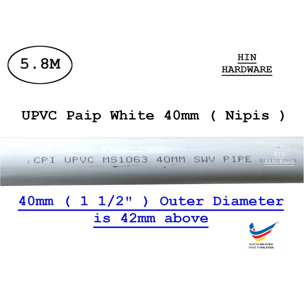HIN 40mm x 5.8M UPVC Pipe White Class 0 / 40mm UPVC Paip Air Putih Class 0 / Hydroponic Pipe (1 ...