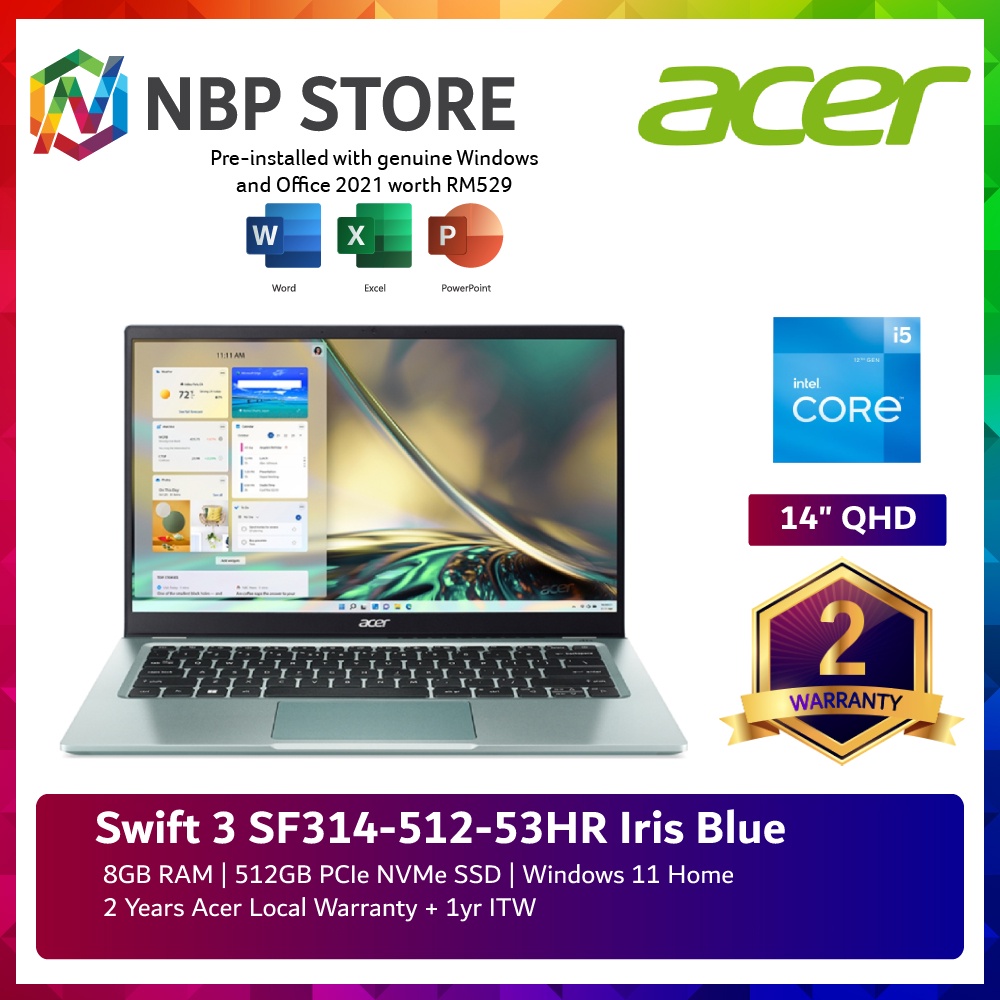 Acer Swift 3 SF314-512-53HR 14'' QHD Laptop Iris Blue | Shopee Malaysia