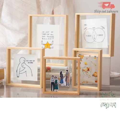 Natural Wooden Photo Frame with Double Panel Glass/ Woodcut Solid Wood ...