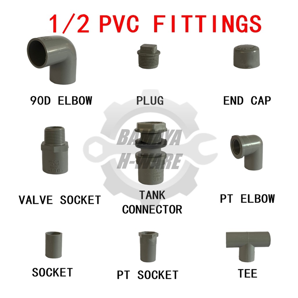 PVC Fittings 1/2 (15MM) PVC Elbow 45, Socket, V/V socket, PT Socket, PT elbow, Tee, Plug, End ...