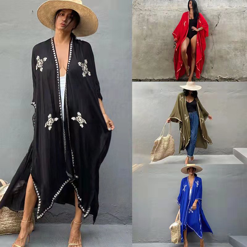 Beach Long Kaftan Rayon Embroidery Swimsuit Cover Up Holiday Flowy Cool ...