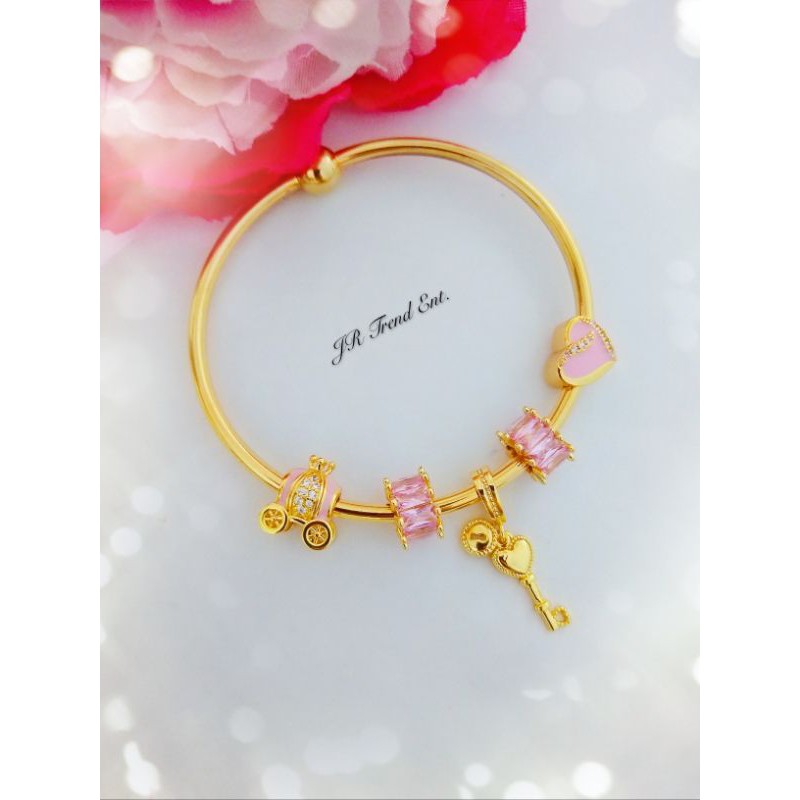 JR Trends 24K Gold Plated Bangle Set With Pink Dangle Charm And Pink ...