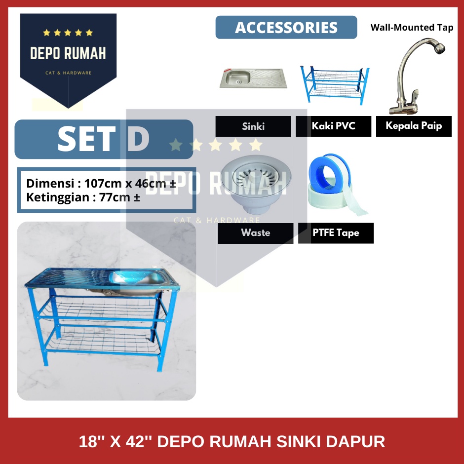 18" x 42" Sinki Dapur Stainless Steel Sink With Sink Stand Complete Set ...
