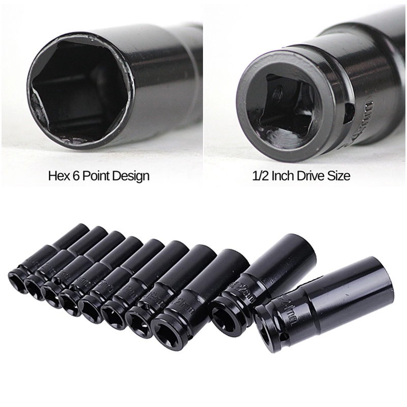 10PCS 1/2 Inch Long Impact Socket Set Black Deep Box Set Tool Set ...