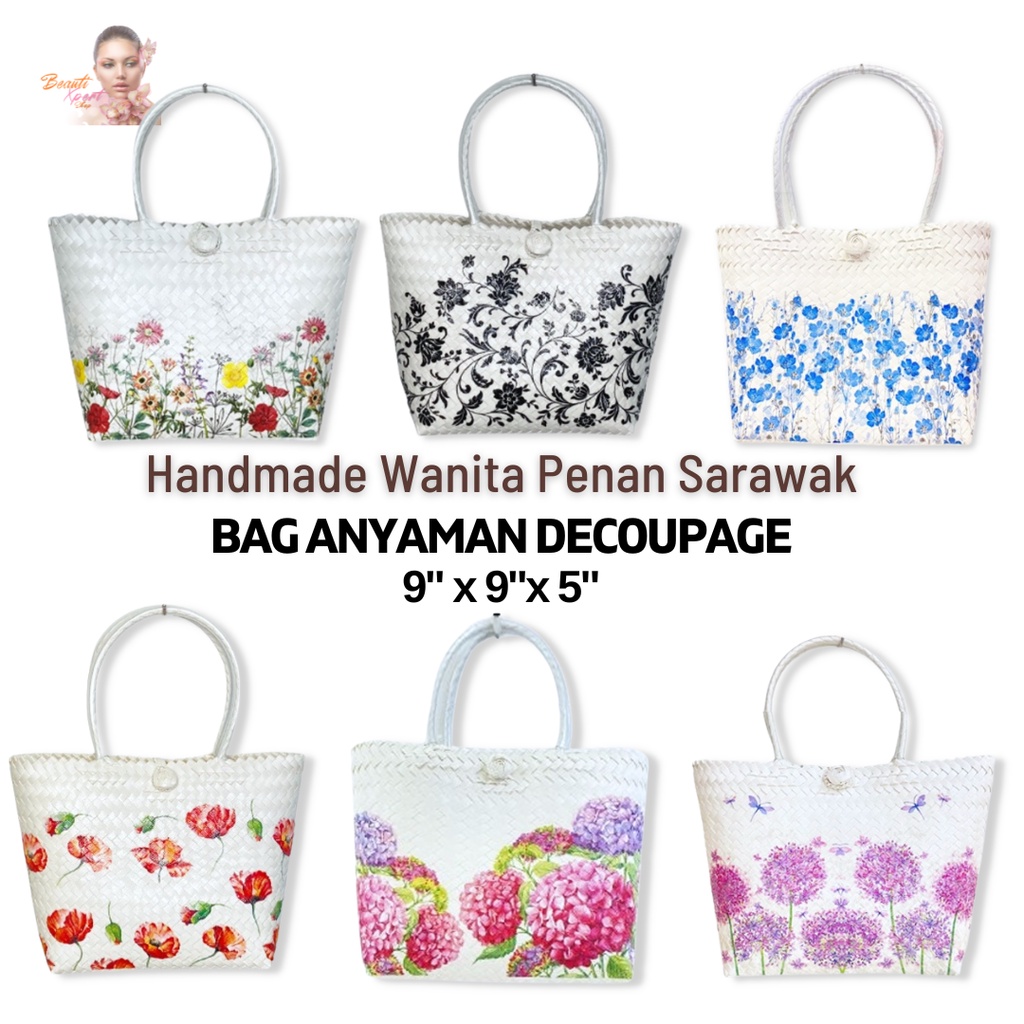 9" X 9" - Decoupage Beg Anyaman Sarawak / tote bag women / Bakul ...