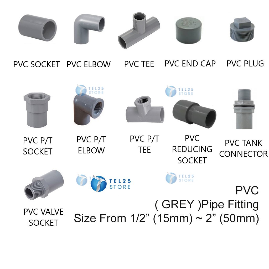 [ 1 UNIT ] PVC Part 2 ( GREY ) Pipe Fitting Socket / Elbow / Tee / Cap ...
