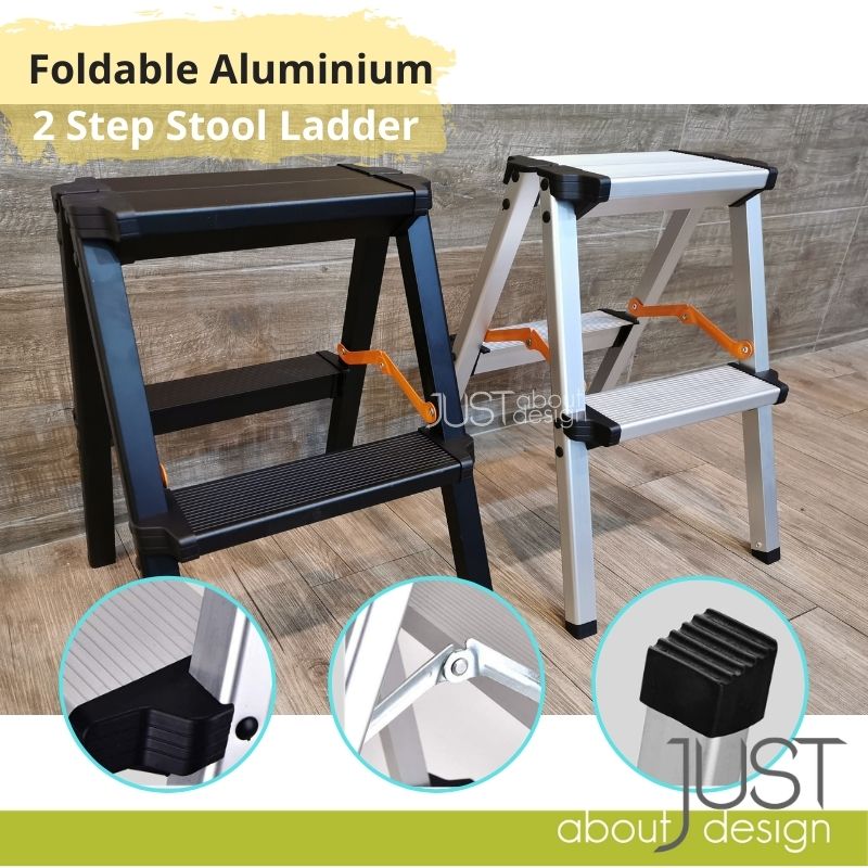 49cm Foldable Aluminium 2 Step Stool Ladder Black / Silver Colour ...