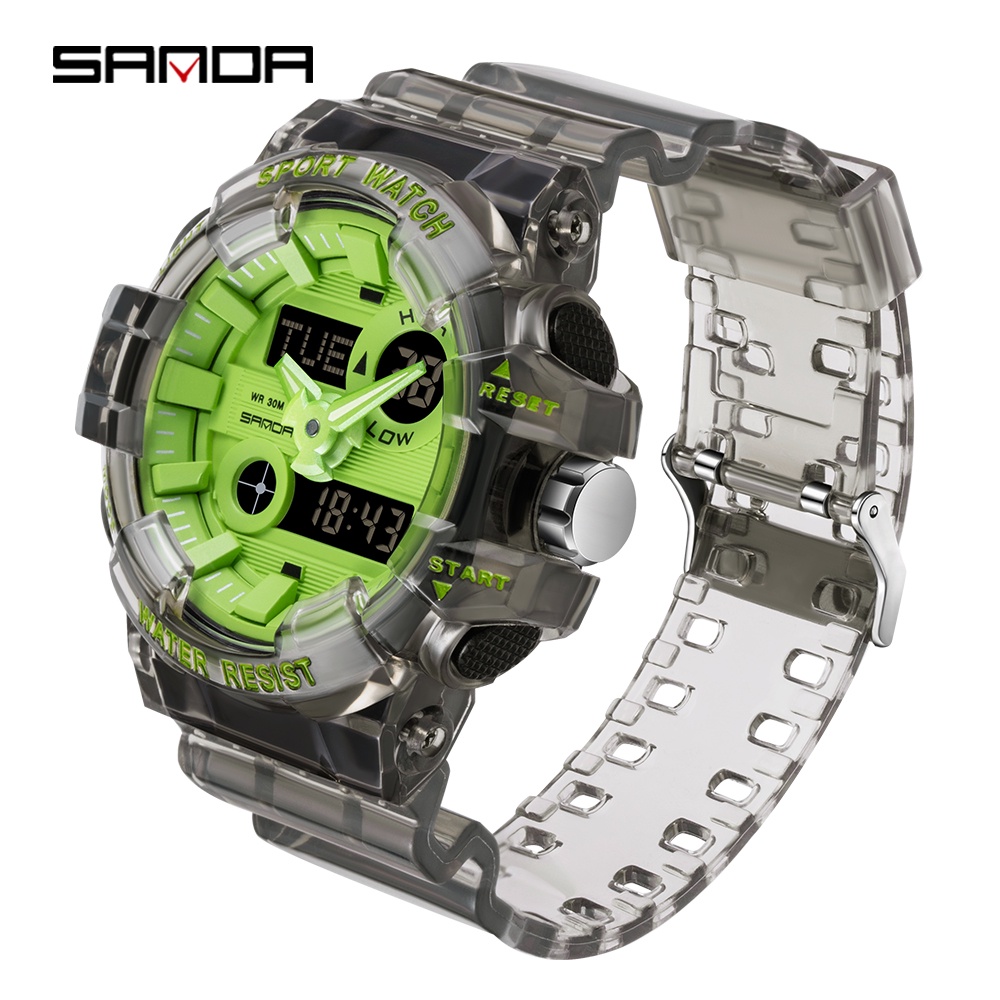SANDA Hot Weather Cool Transparent Multi-function Dual-display Luminous LED Digital Watch ...