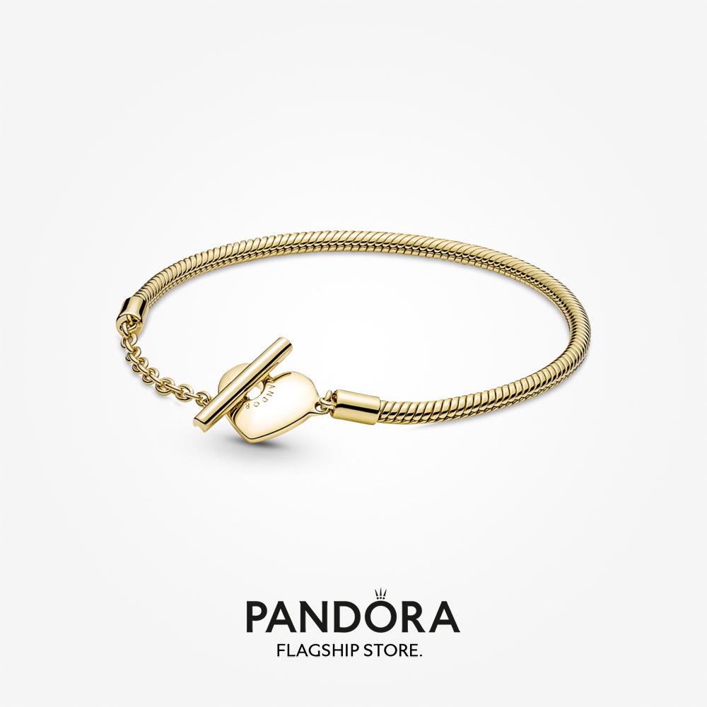 Pandora Moments 14k Gold-Plated Heart T-Bar Snake Chain Bracelet ...