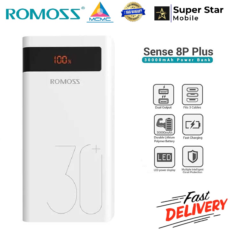 [ORIGINAL] ROMOSS SENSE 8P PLUS Powerbank - 30000mAh QC 3.0 High Capacity, Fast Charging 18W ...