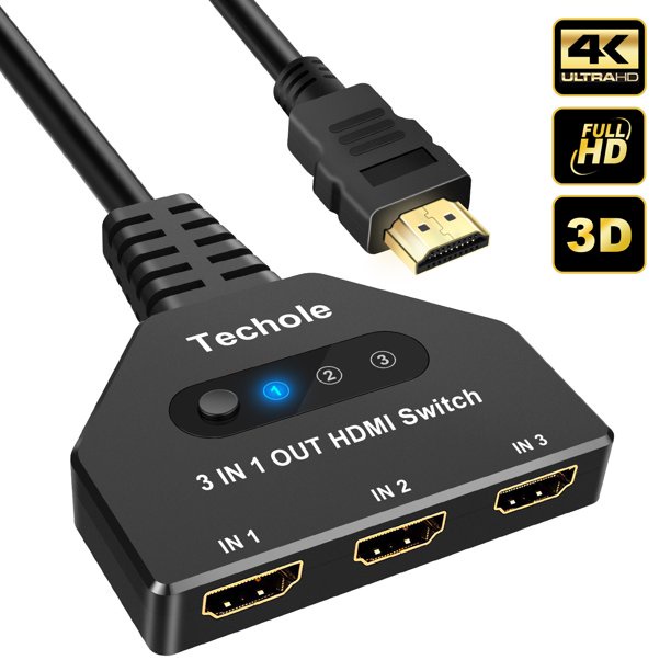 Techole HDMI Switch 4K, HDMI Switch 3 In 1 Out with HDMI Cable，3-Port HDMI Splitter Manual HDMI ...