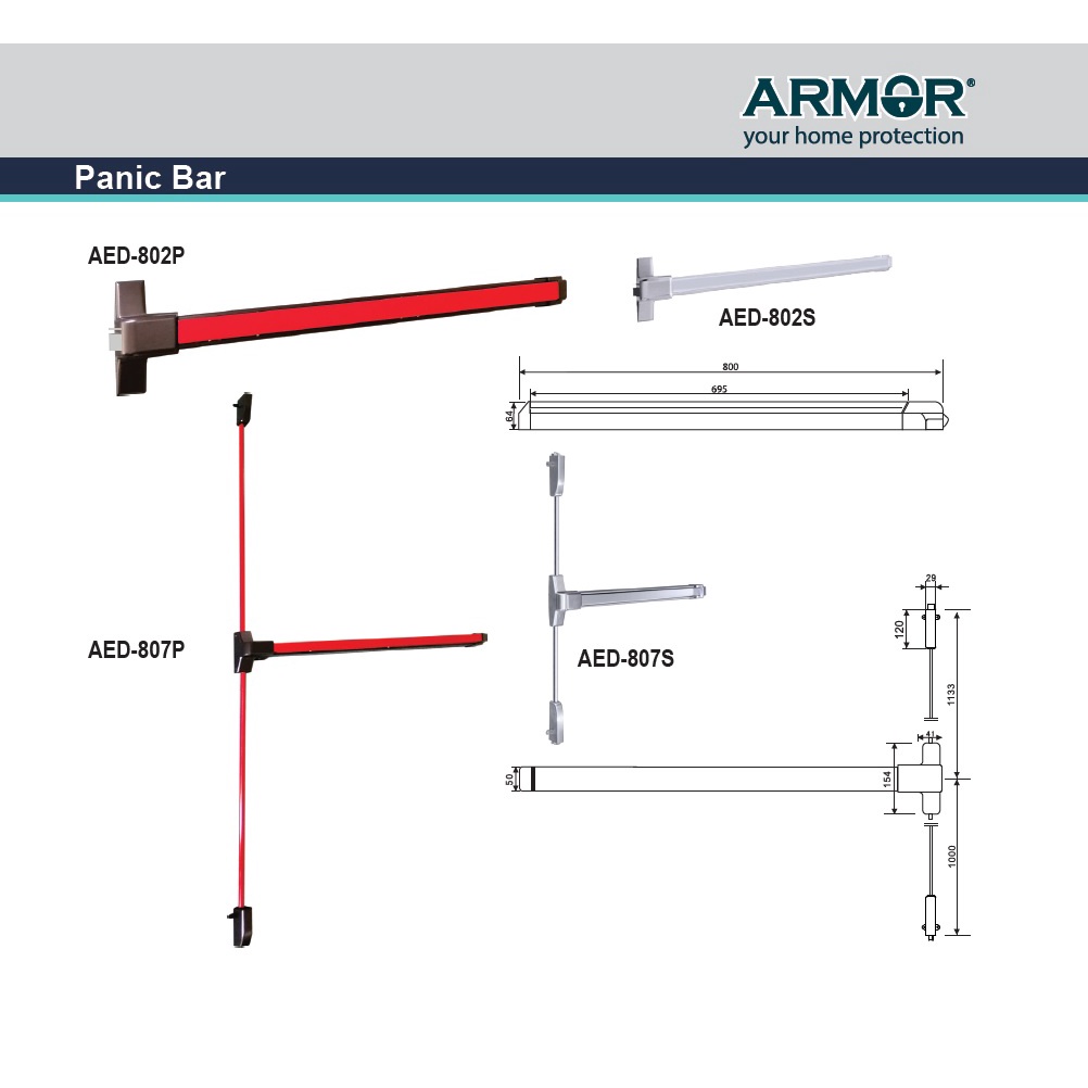 Armor AED-802P / AED-807P Door Panic Bar Exit Devices (Stainless Steel ...