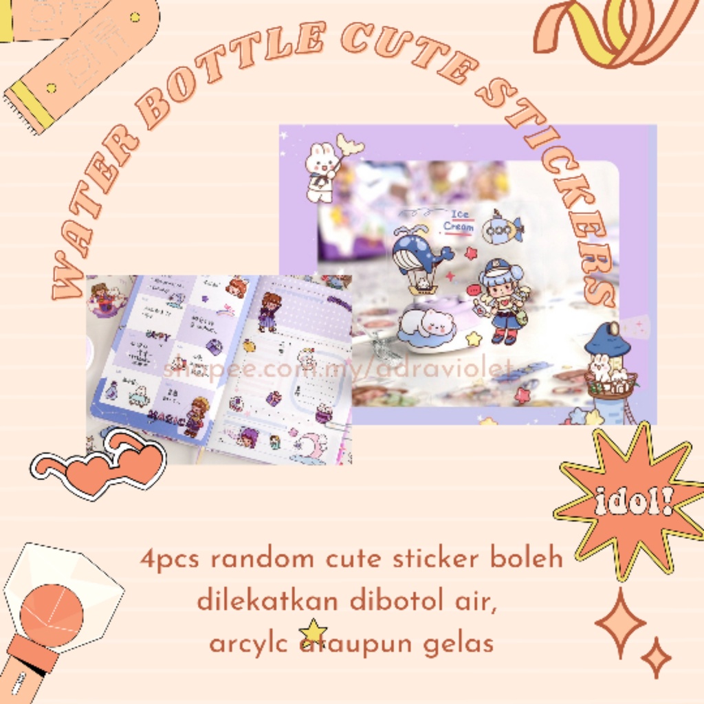 4pcs Water Bottle Cute Stickers Stiker Comel Botol Air Viral Boleh Juga ...