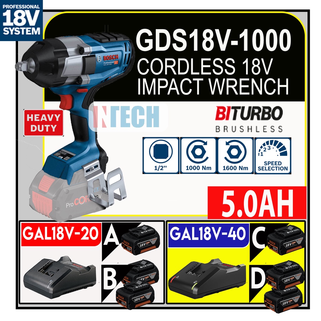 BOSCH GDS18V-1000 18V CORDLESS 1/2" HIGH IMPACT WRENCH - BITURBO BRUSHLESS TECHNOLOGY C/W 18V 5 ...