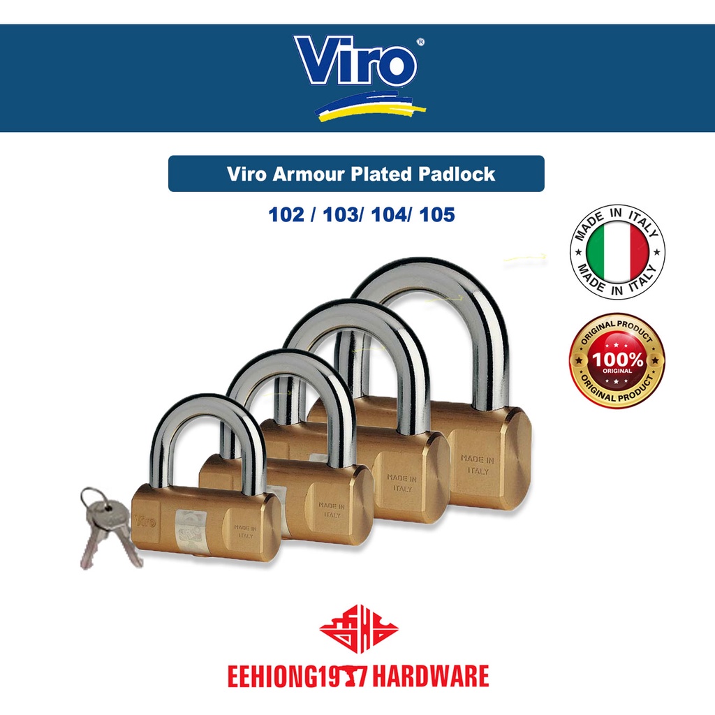 VIRO 102 50mm 103 60mm 104 70mm 105 80mm Brass Padlock Made in Italy ...
