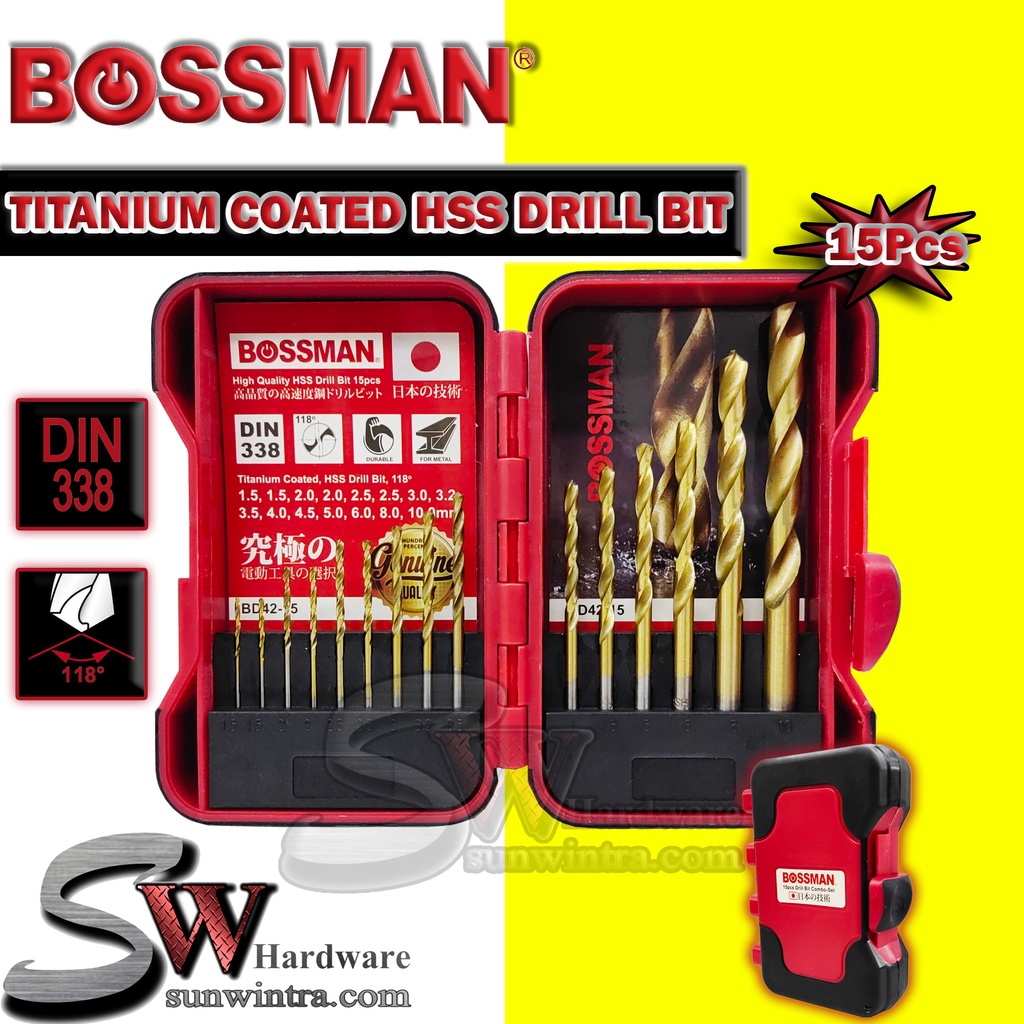 Bossman High Quality Titanium Coated HSS Drill Bit Set 15Pcs DIN338 ...
