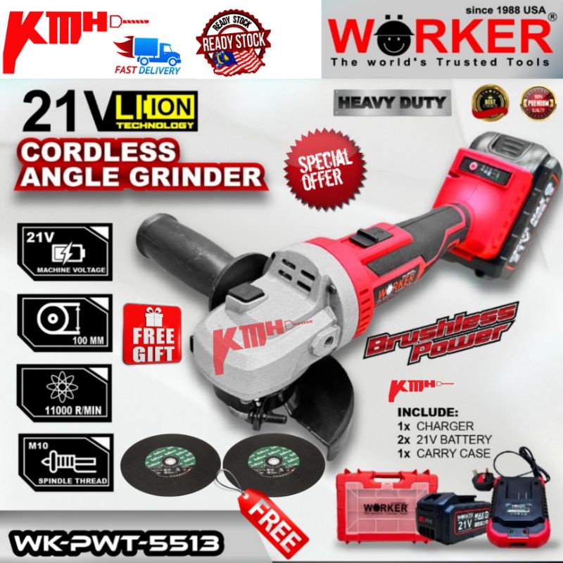 worker 21V Lithium 100mm/4" 12,000rpm Brushless Angle Grinder WK-PWT-5513 - Brand USA - 6 Months ...
