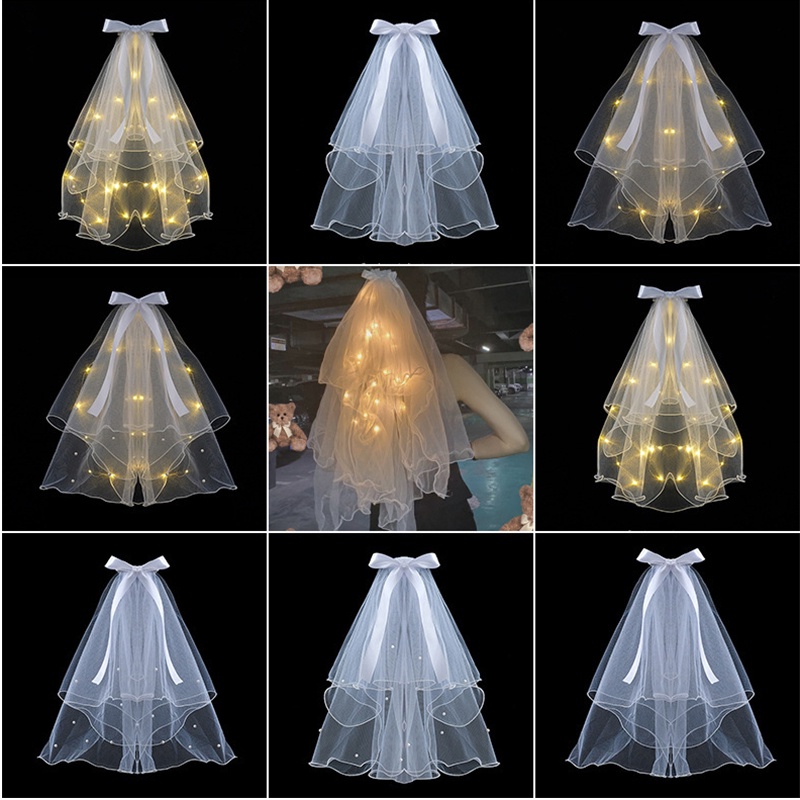 Double-layer Bowknot Pearl Light Bridal Veil Wedding Veil Net Beautiful ...