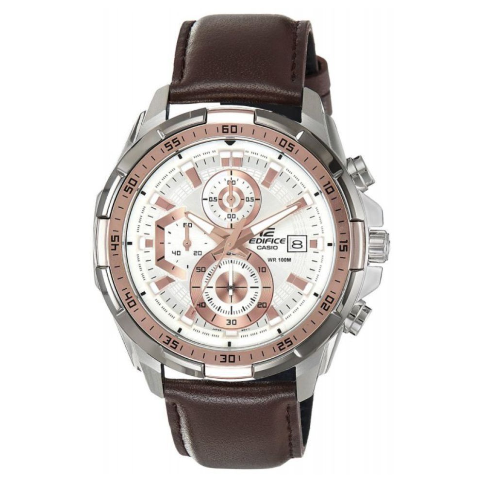 Casio Men Edifice White Rose Gold Dial Chronograph Brown Leather Watch ...