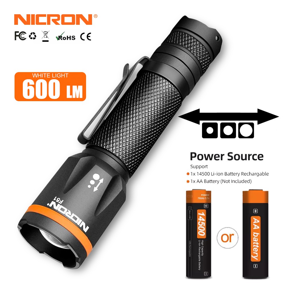 NICRON Dual Fuel 600lumen Focus LED Flashlight Led Light 5 Modes Torch ...