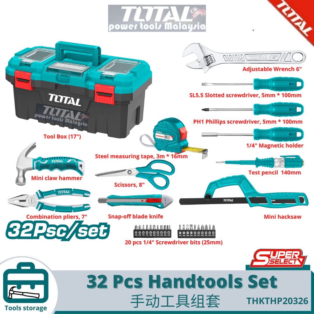 TOTAL 32 Pcs Hand tools Set & Tools Box 17″ 手动工具套装和工具箱 - THKTHP20326 | Shopee Malaysia