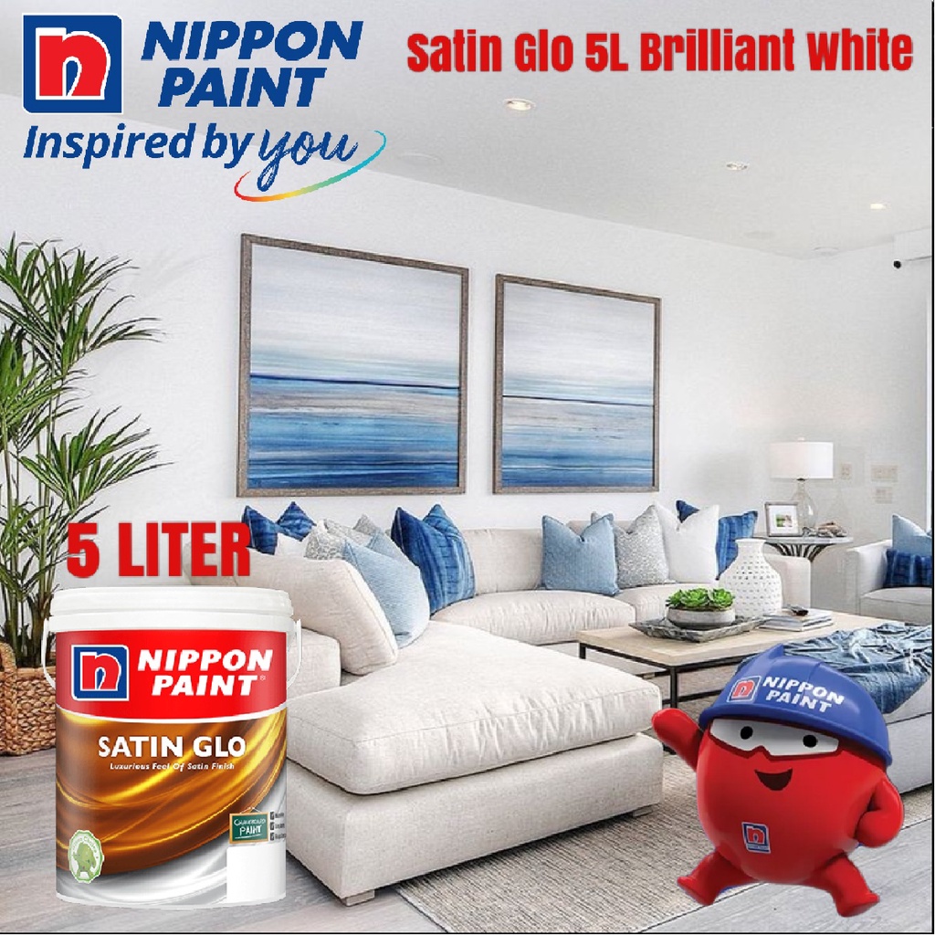 NIPPON BRILLIANT WHITE 1001 5L SATIN GLO SHEEN INTERIOR WASHABLE PAINT ...