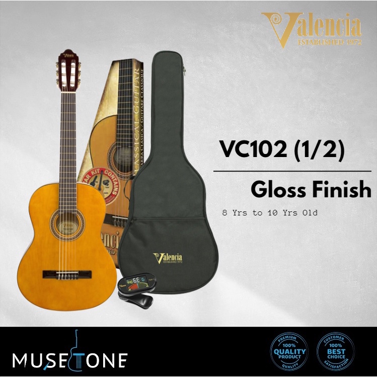 Valencia VC102 Classical Guitar 1/2 Size Classical Nylon Guitar Gloss ...