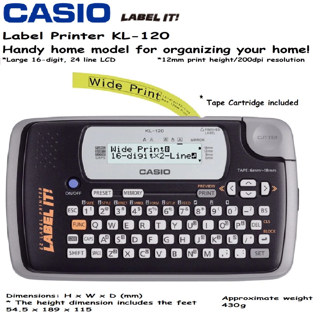 CASIO LABEL PRINTER KL 120 KL120 EZ-LABEL PRINTER KL-120-W 6mm 9mm 12mm 18mm (ORI) | Shopee Malaysia