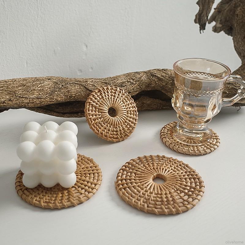 Round Natural Rattan Handmade Rattan Coasters Cup Pad Tea Mats Coaster ...