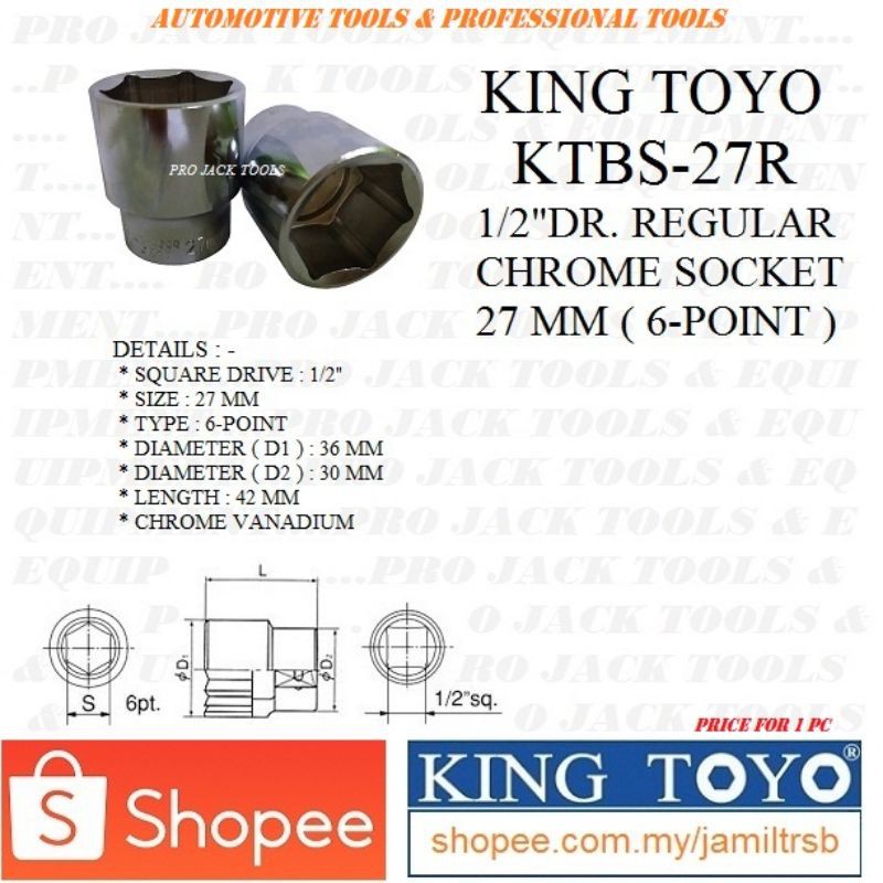 KTBS-27R ~ 2025 Original KING TOYO 1/2"Dr. Regular Chrome Socket - 27mm ...