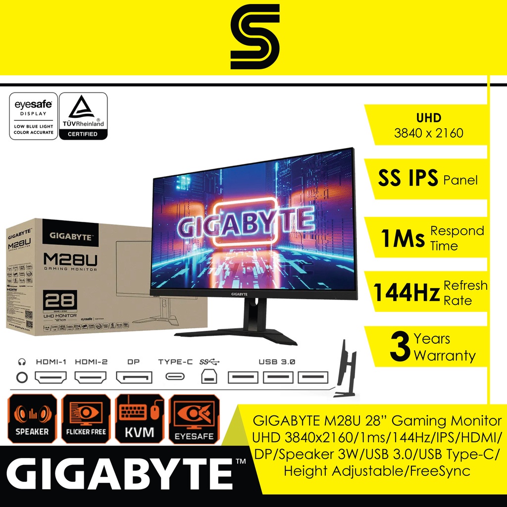 Gigabyte M28U 28” Gaming Monitor - UHD 3840x2160/1Ms/IPS/144Hz/HDMI/DP ...