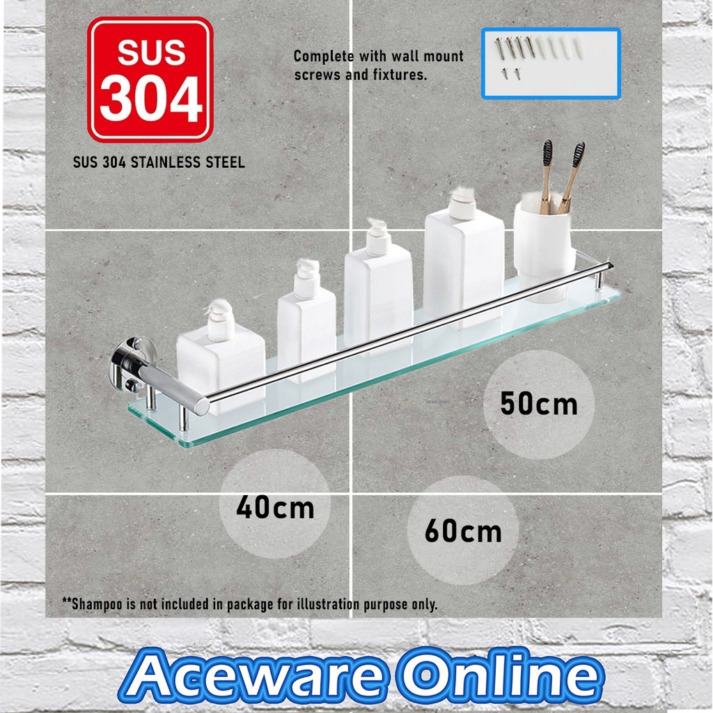 K08 GLASS SHELF SHAMPOO RACK BATHROOM SUS 304 STAINLESS STEEL 40/50/60 ...