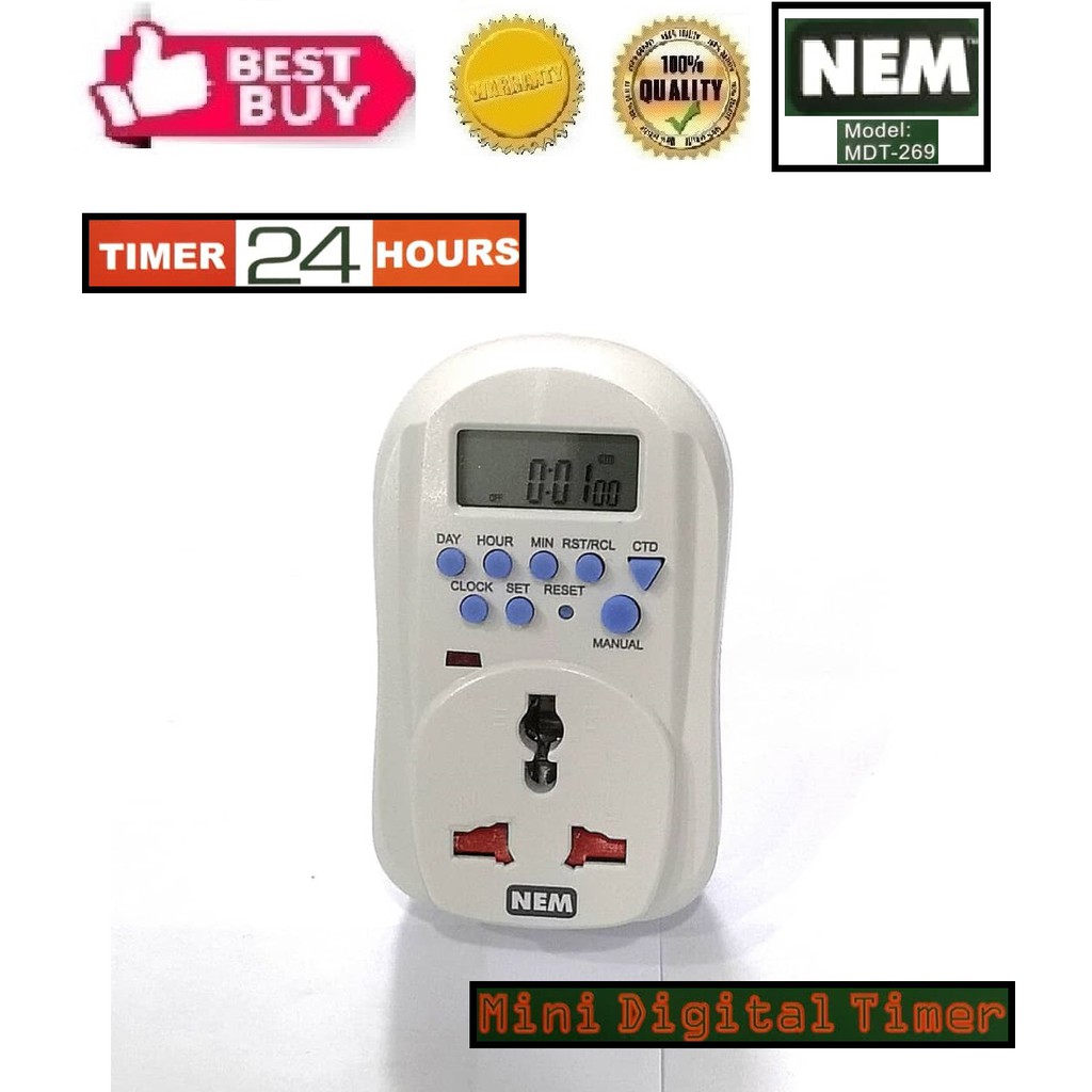 [24 Hrs] Mini Digital Timer (13A) (Universal Socket) (Max Load - 3120W ...