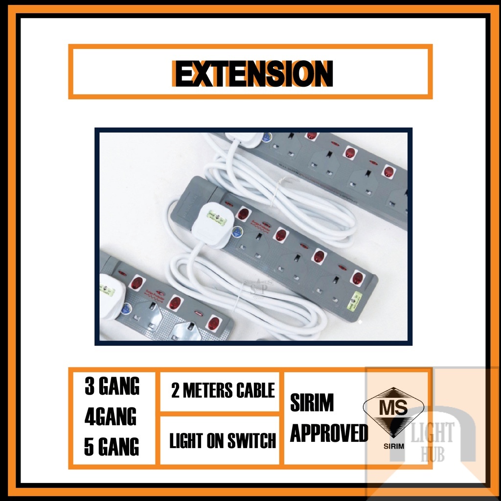 [sirim] Extension Multiple Plug Adaptor Trailing Socket Grey 插頭插座 2 Meter Cable Wire 3gang