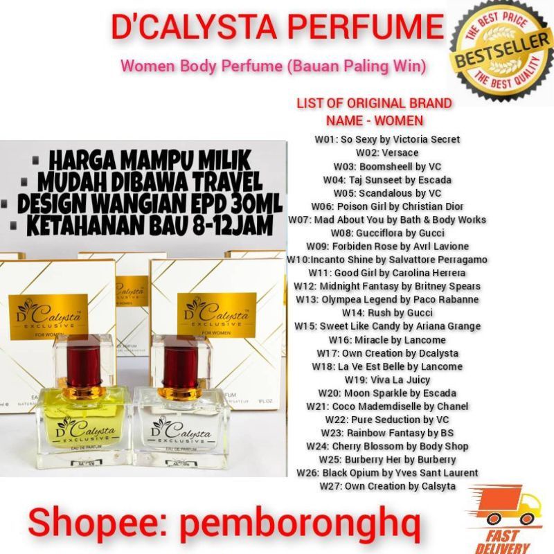 D'CALYSTA PERFUME EXCLUSIVE FOR WOMEN AND MEN (W01 - W26) ORIGINAL HQ ...