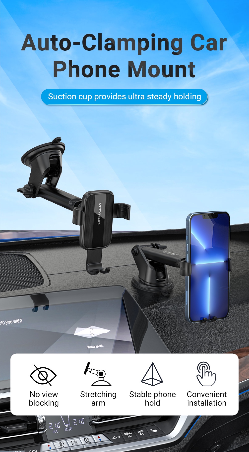 Vention Car Phone Holder with Gravity Suction Cup, Universal Shockproof ...