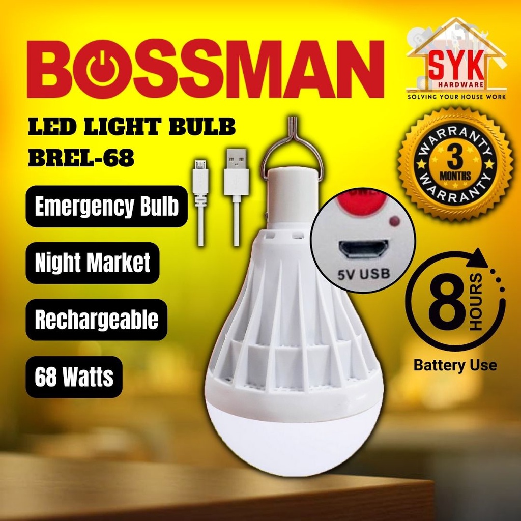 SYK Bossman USB Rechargeable LED Light Bulb 68W BREL-68 Lampu Cas Pasar ...