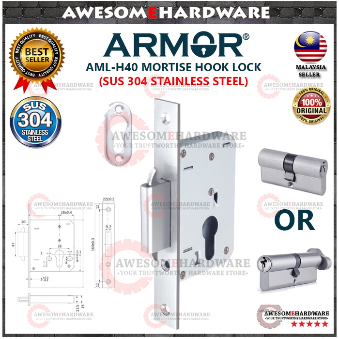 (SUS304) ARMOR AML-H40 STAINLESS STEEL MORTISE SLIDING HOOK LOCK AND ...