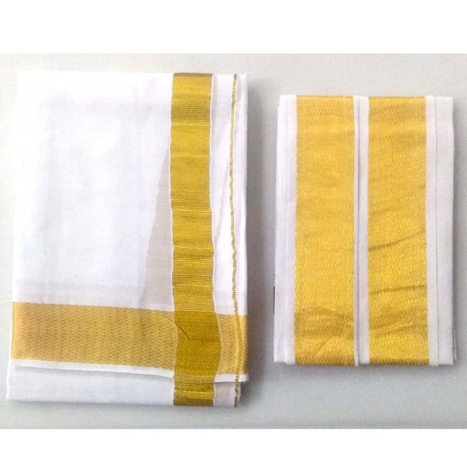 Men's White Cotton Vesti & Thundu Set With Gold Border - Size 8x4 , 9x5 ...